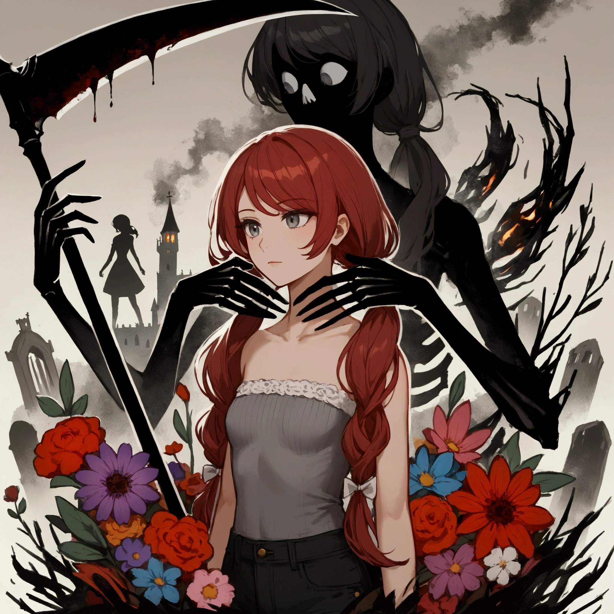 Anime girl with red hair and a black mask holding a scyther - SeaArt AI