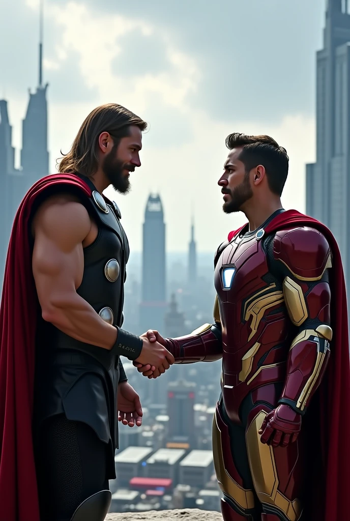 create Thor and Tony Stark they are handshaking - SeaArt AI