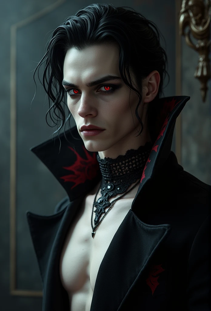 High quality photorealistic image of a man with black hair and red eyes wearing - SeaArt AI