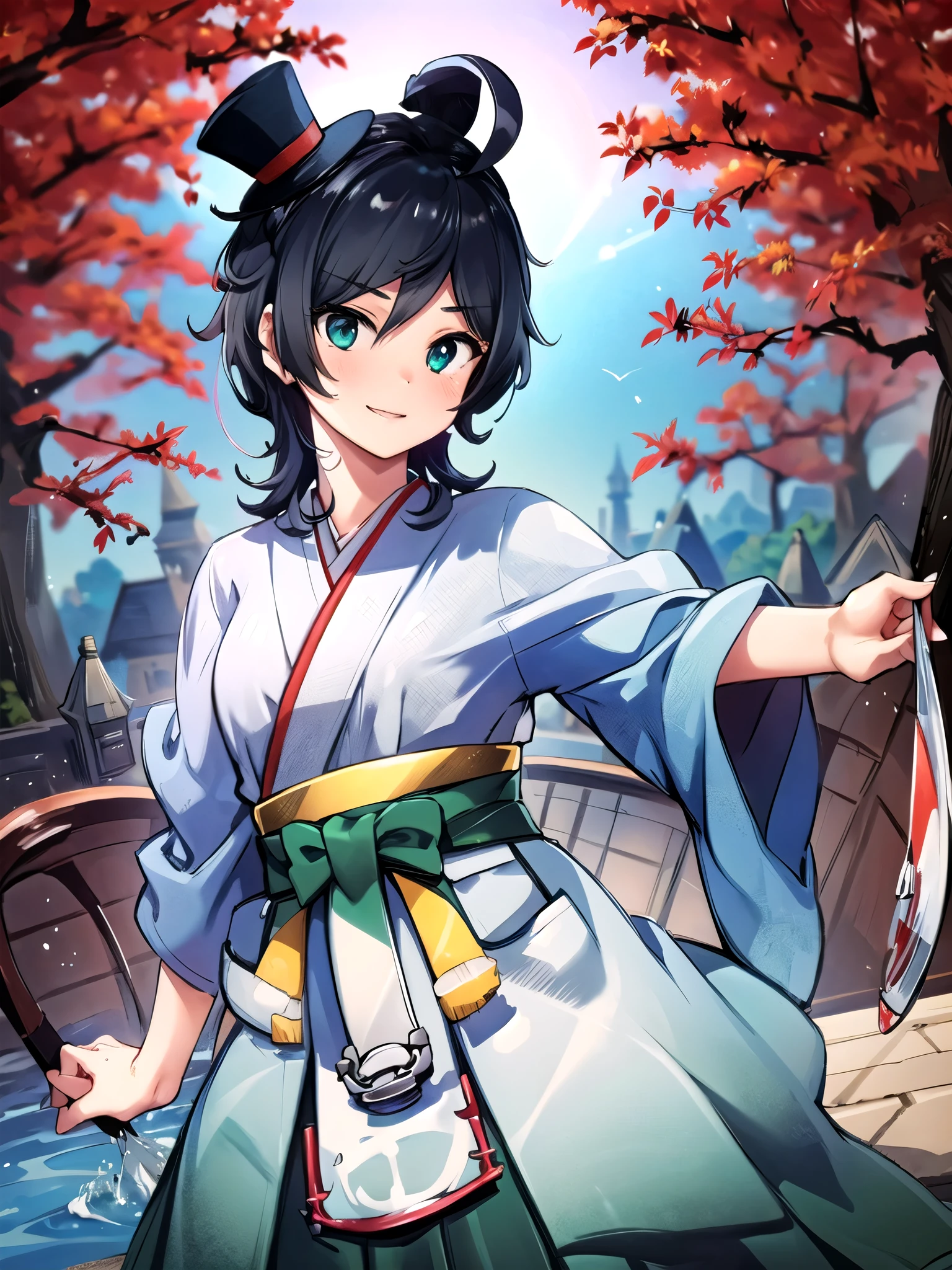 Anime girl in a kimono outfit holding a knife and a bottle - SeaArt AI