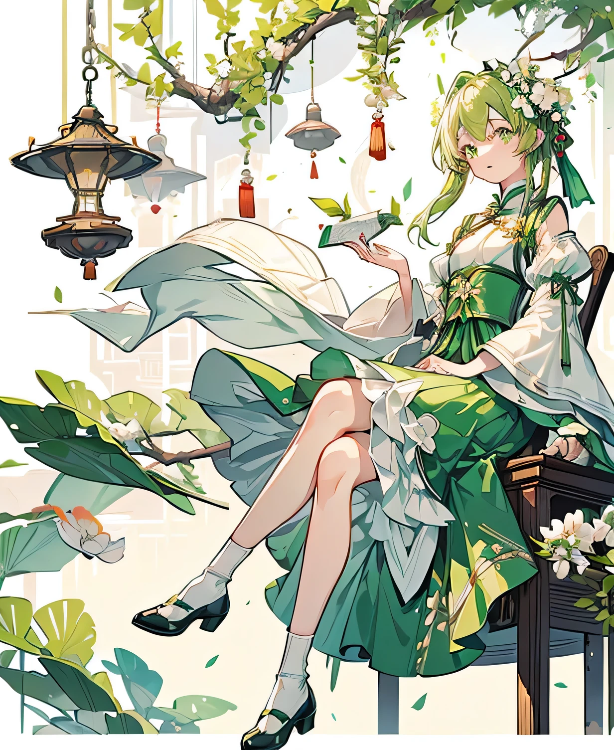Anime girl sitting on a chair with a green dress and a green umbrella ...