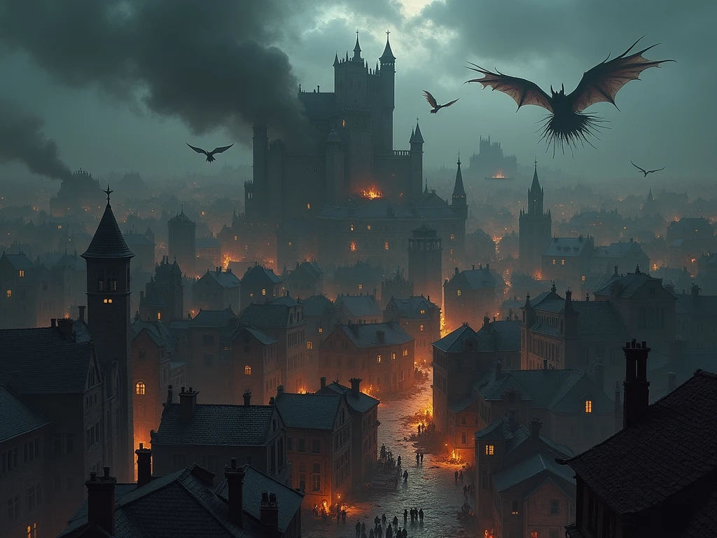 Many demons spread across the city, walking and flying a medieval city ...