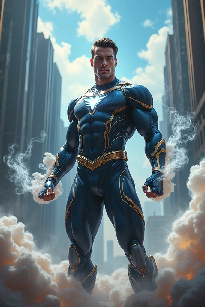 Generate an image of a superhero man that controls any gaseous form ...