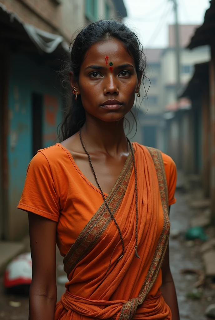 30 year girl wearing orange blouse and rag saree in slum fully tight ...