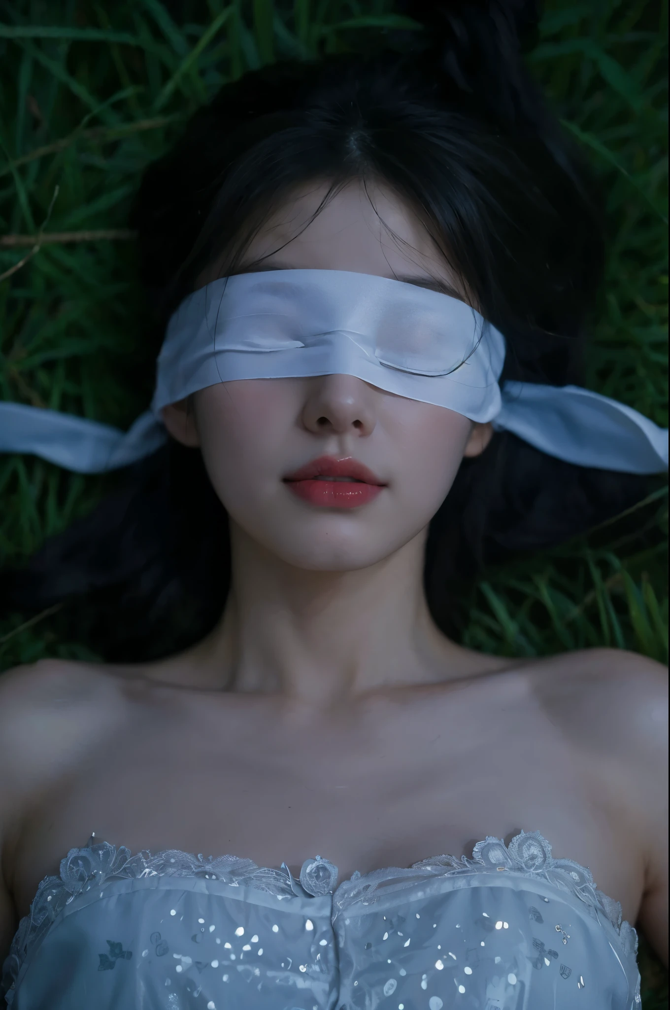 Arafed woman laying on the grass with a blindfold over her eyes - SeaArt AI
