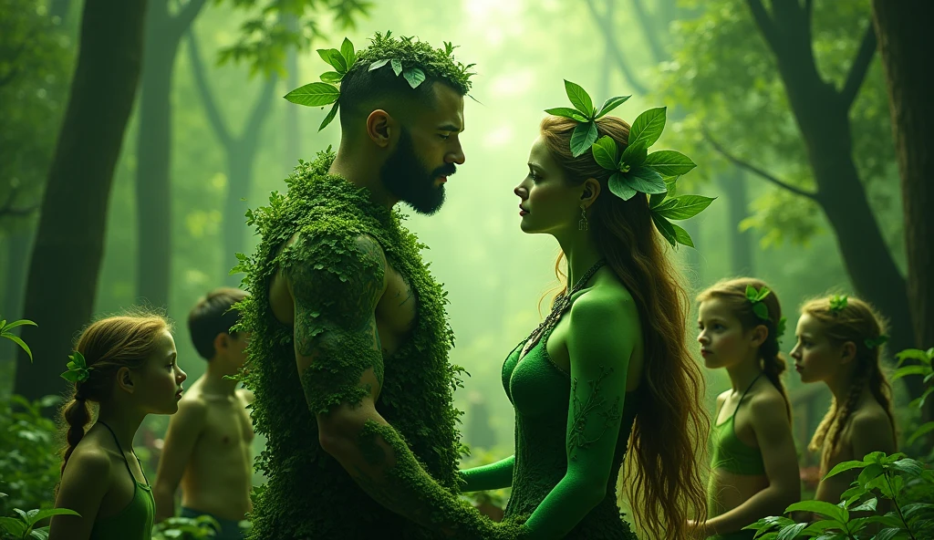 “A lush , Mystical forest, drenched with soft green light . In the ...