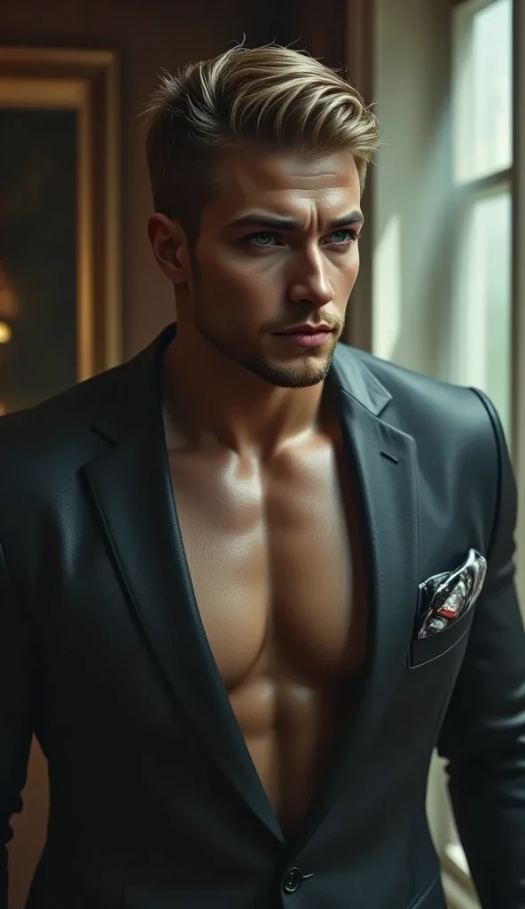 a close up of a handsome and elegant blond European man , in a suit ...