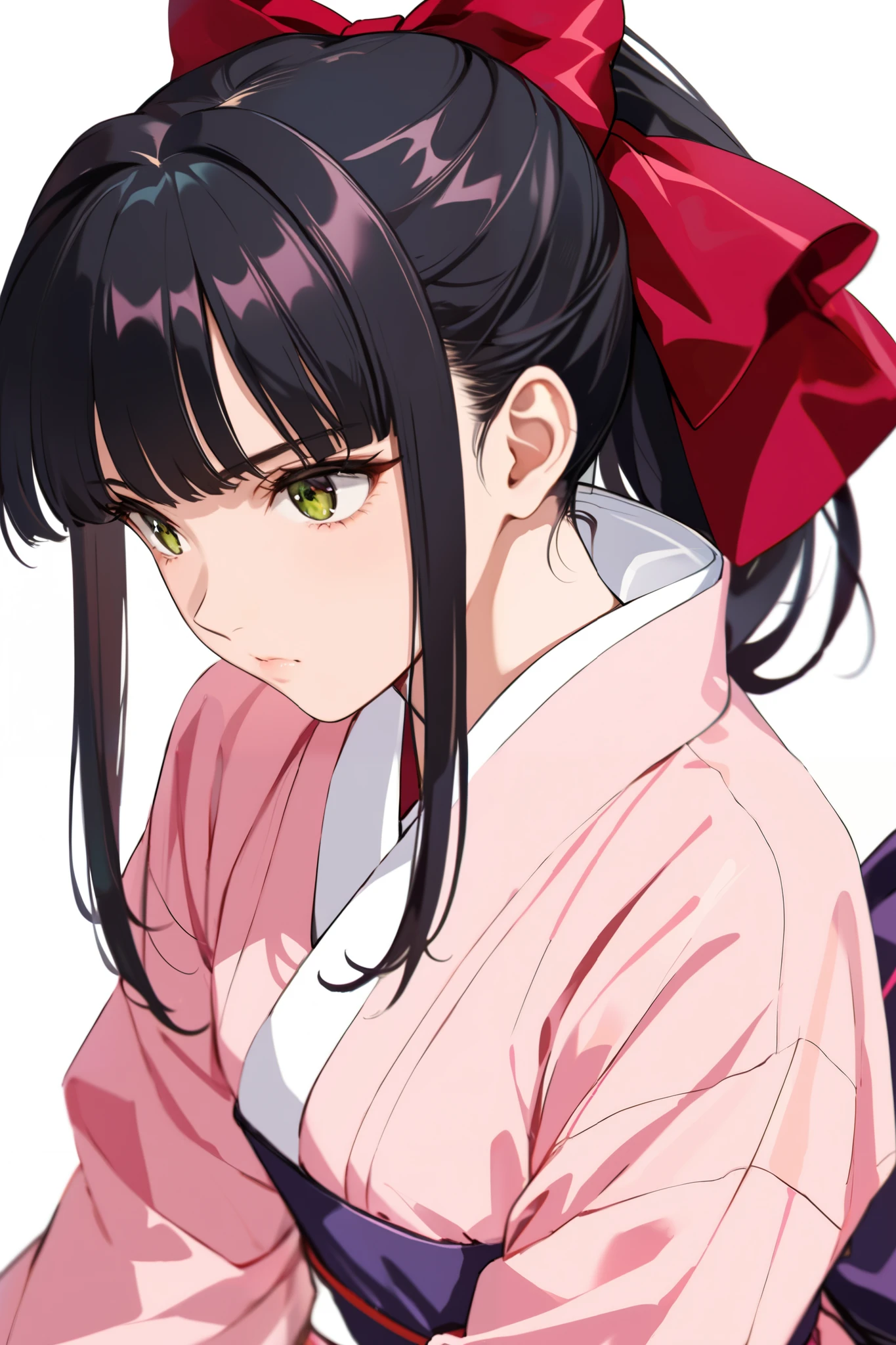 Anime girl with black hair and pink dress with red bow - SeaArt AI