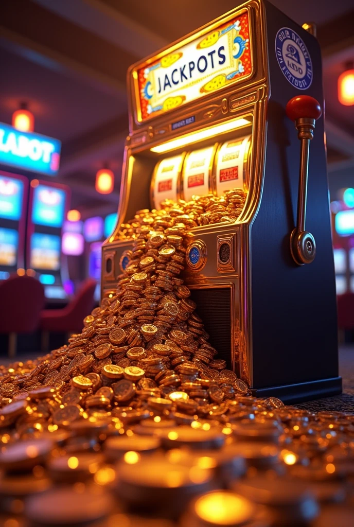 Mountain of coins pouring out of a slot machine after a jackpot - SeaArt AI