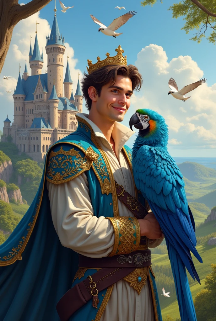 Smiling Handsome young man holding a blue macaw, dressed as prince ...