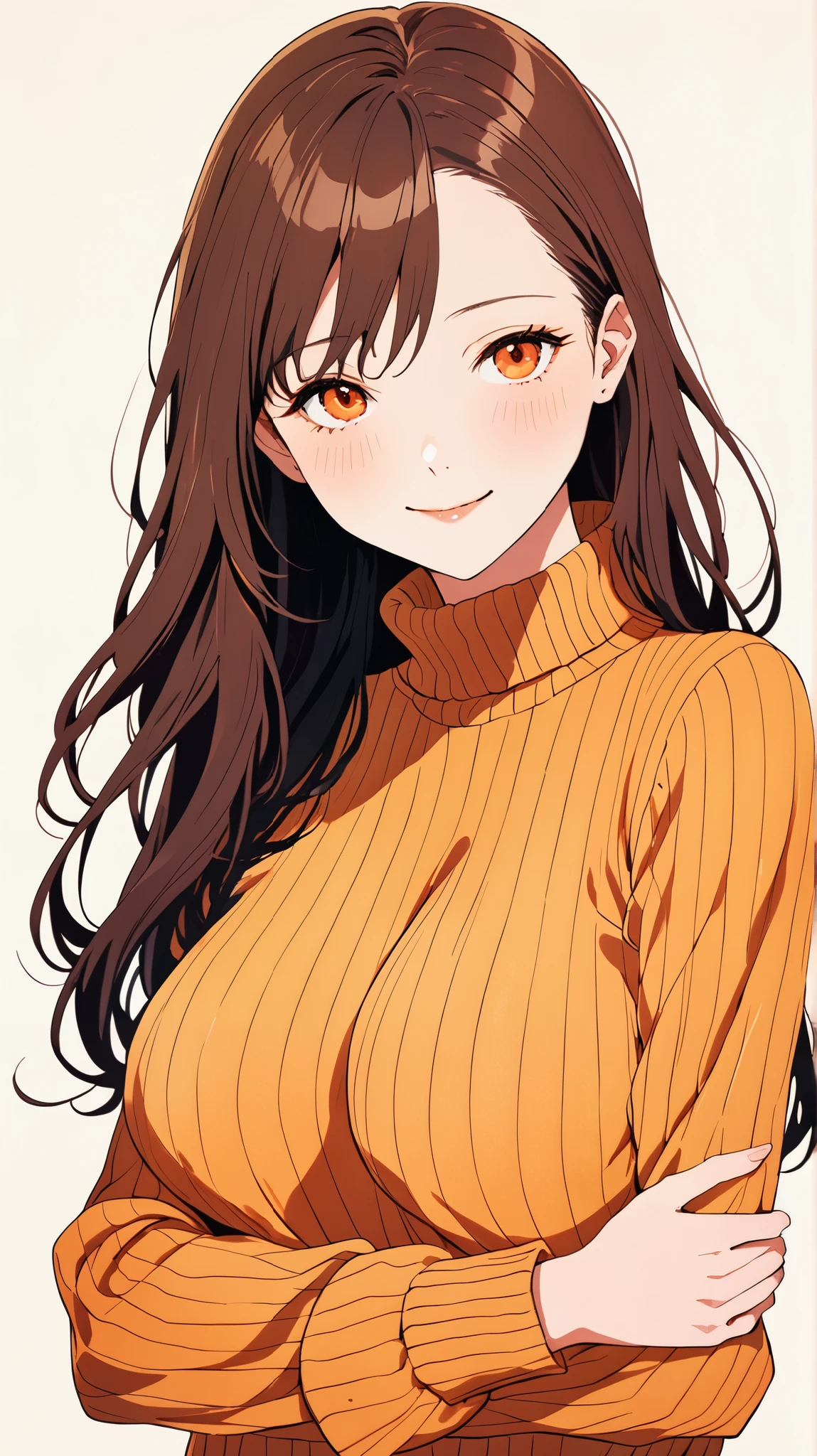 Anime girl with long brown hair and orange eyes wearing a turtleneck ...
