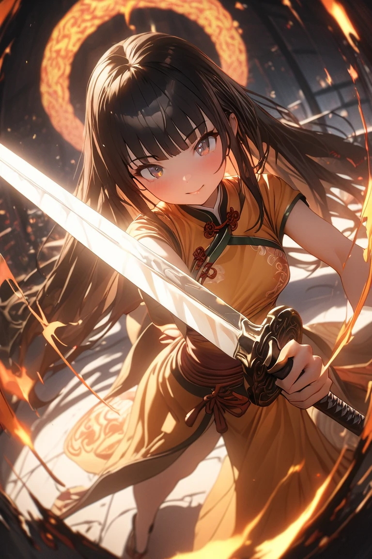 fisheye lens with flames in the background, wielding a sword - SeaArt AI