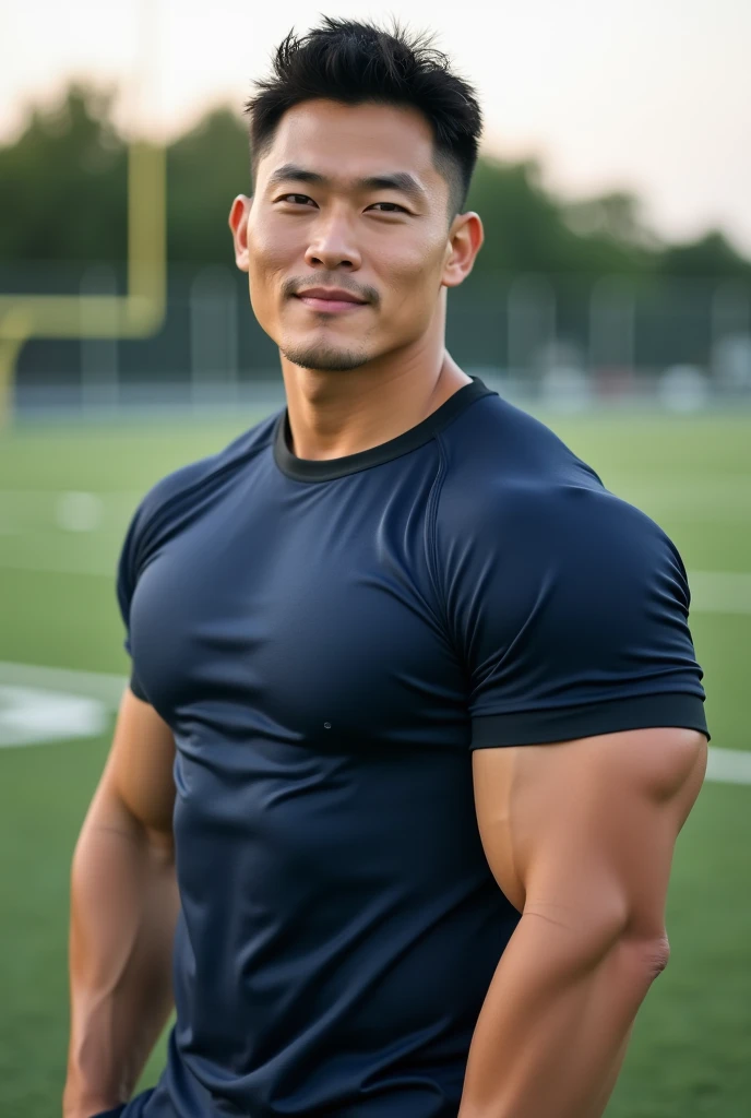 Korean Man Wearing Navy Ringer T-Shirt Black Trim Round Neck - SeaArt AI