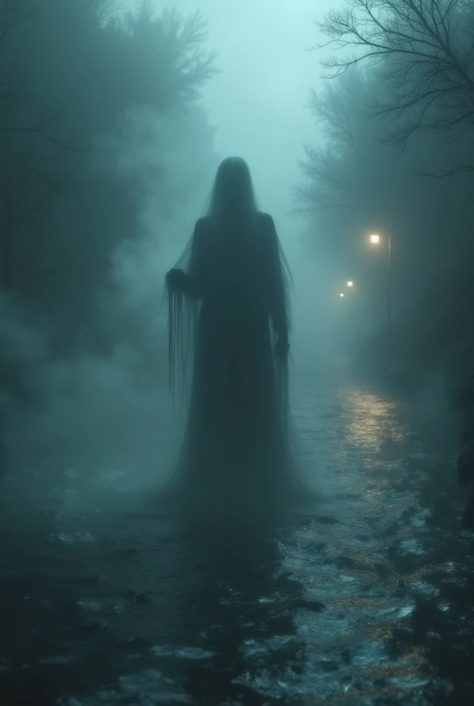 A shot of La Llorona in the river , standing, but with its shape as a ...