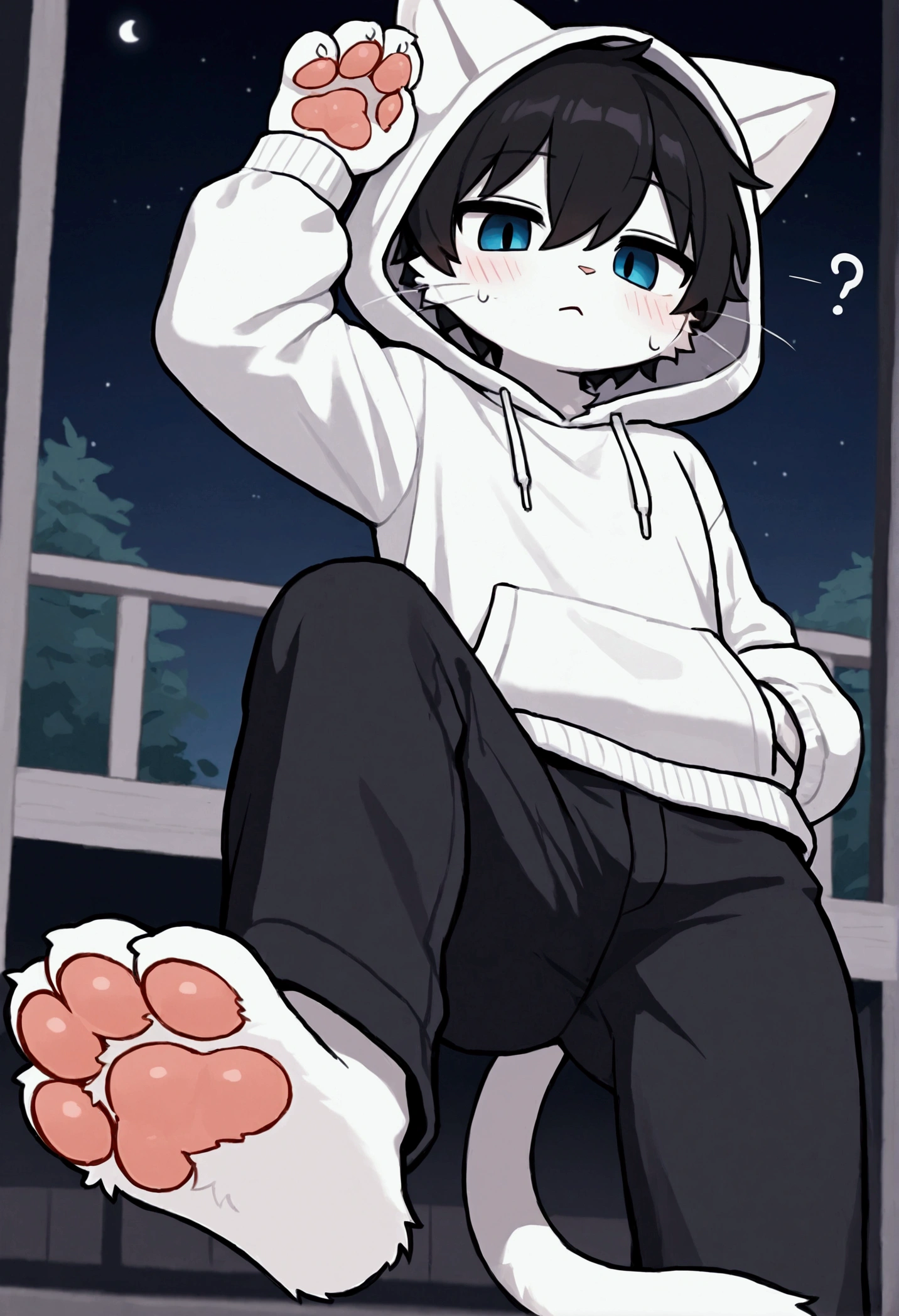 A Furry Cat with white fur , To be tall and thin and to have paws and ...
