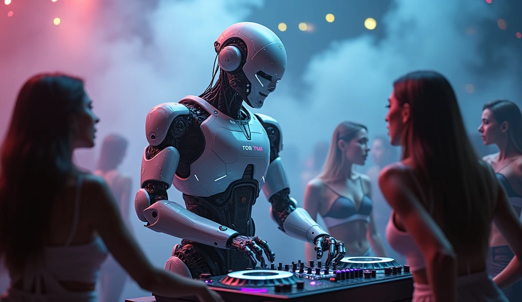 create a bionic robot that DJs in the dj mixer. Let it be visible from ...