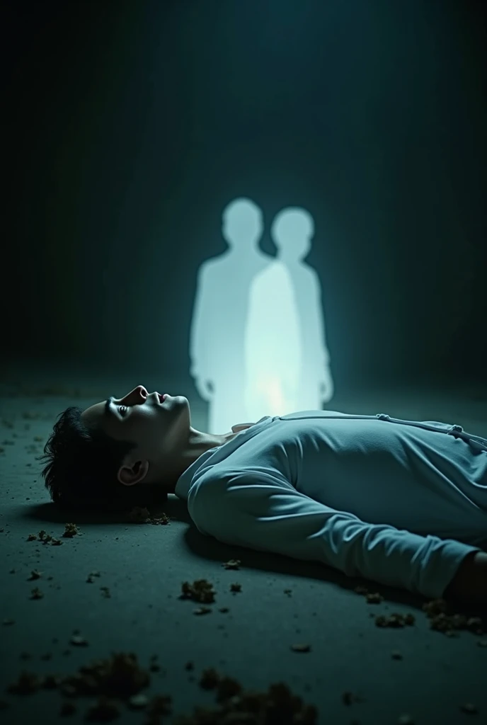 Brown cinematic film image cut , dead young man has his twin shaped ...