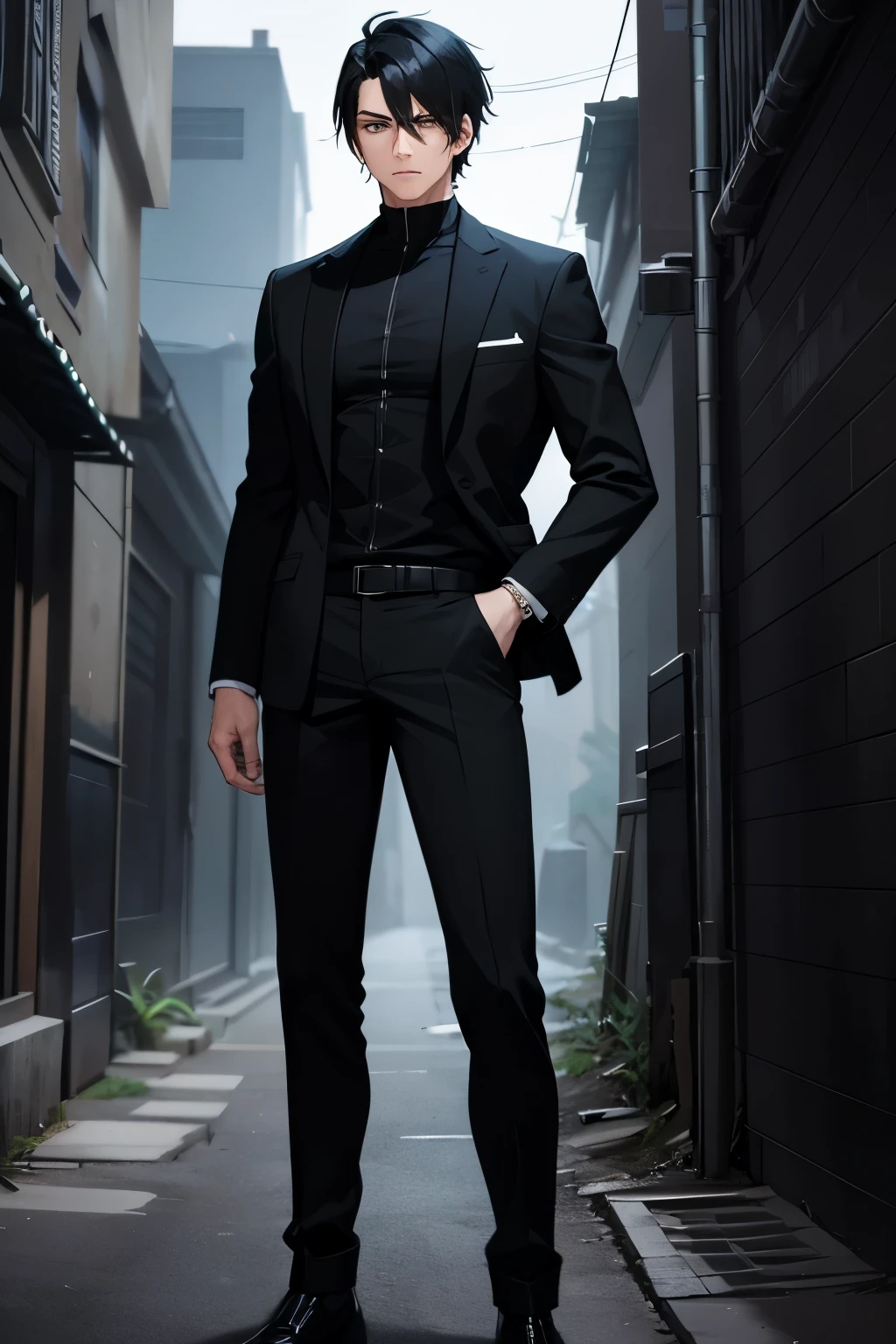 There is a man in a suit standing in a narrow alley - SeaArt AI