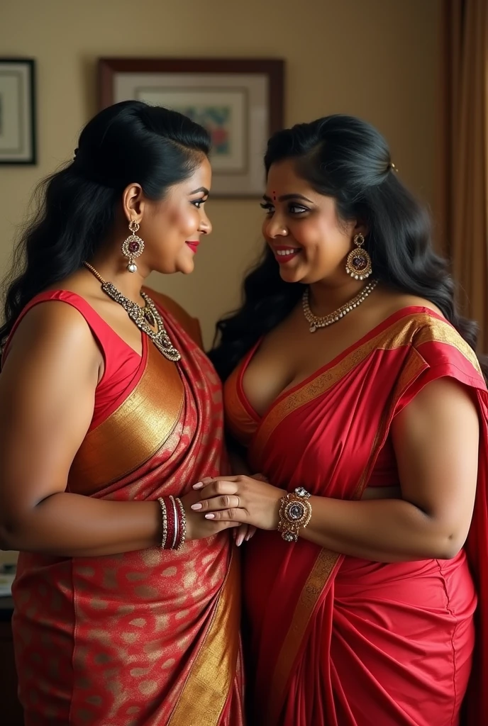Two different 35- 45 age sexy big ass Bengali aunties sleeveless blouse saree fa - SeaArt AI