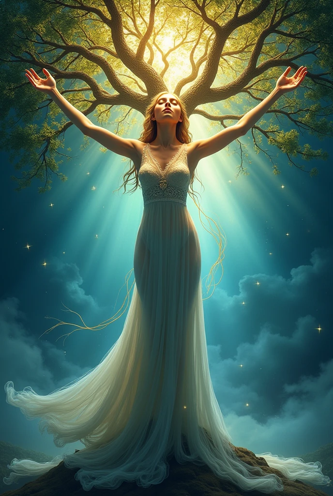 Woman tree of life seen from the front with arms in the air - SeaArt AI