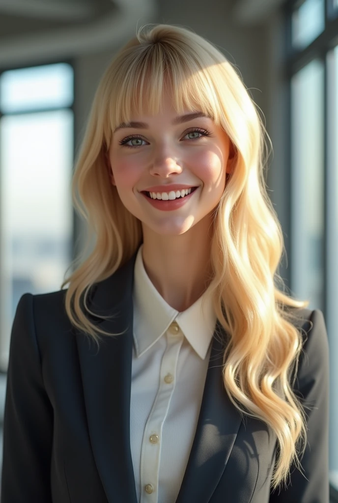 Blonde girl with 25 year old bangs on her face smile in formal office ...