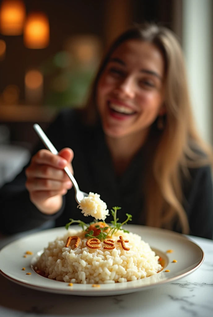 A person is happily eating rice in a beautiful restaurant with the word ...