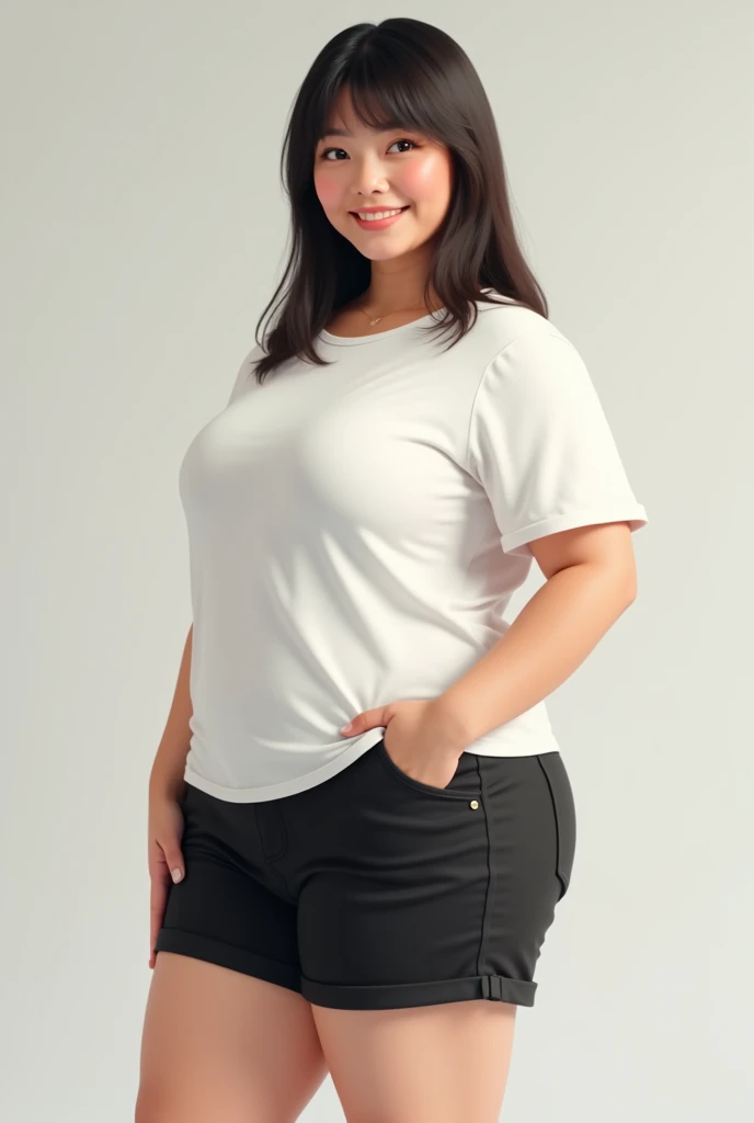 Chubby realistic woman with straight hair and bangs, white t - SeaArt AI