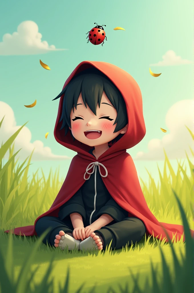 Hango smiling sitting in the grass happy a ladybug above his head and ...