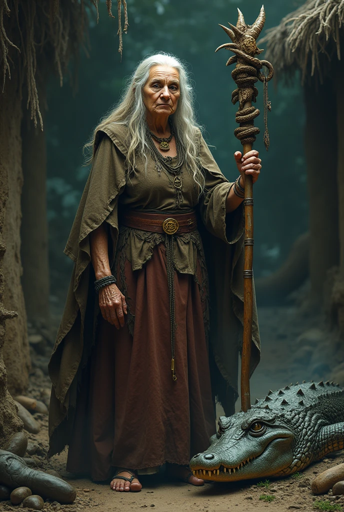 Old woman, witch, peasant, caldeirao, holding a shaman staff - SeaArt AI