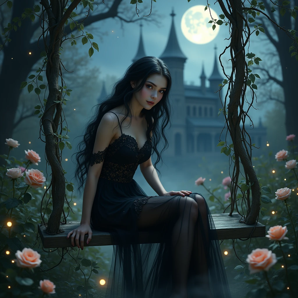 A stunningly beautiful teenage vampire sits elegantly on a swing ...