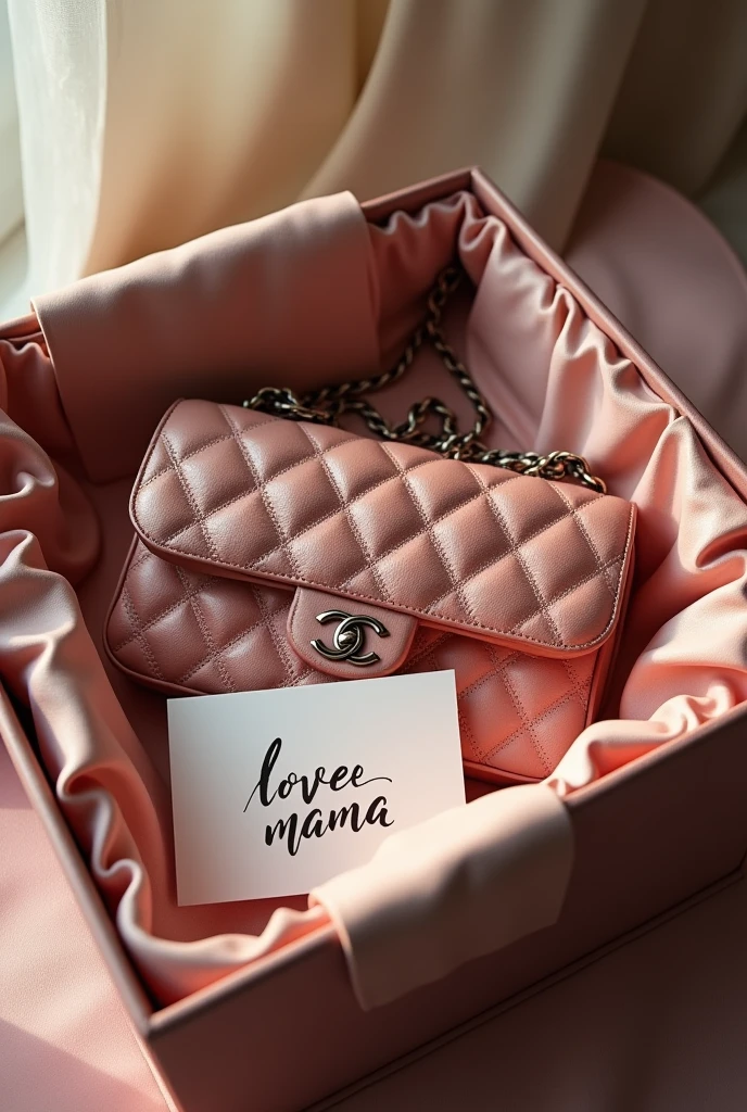 A black Chanel bag inside a box next to a bag, inside the box a card ...
