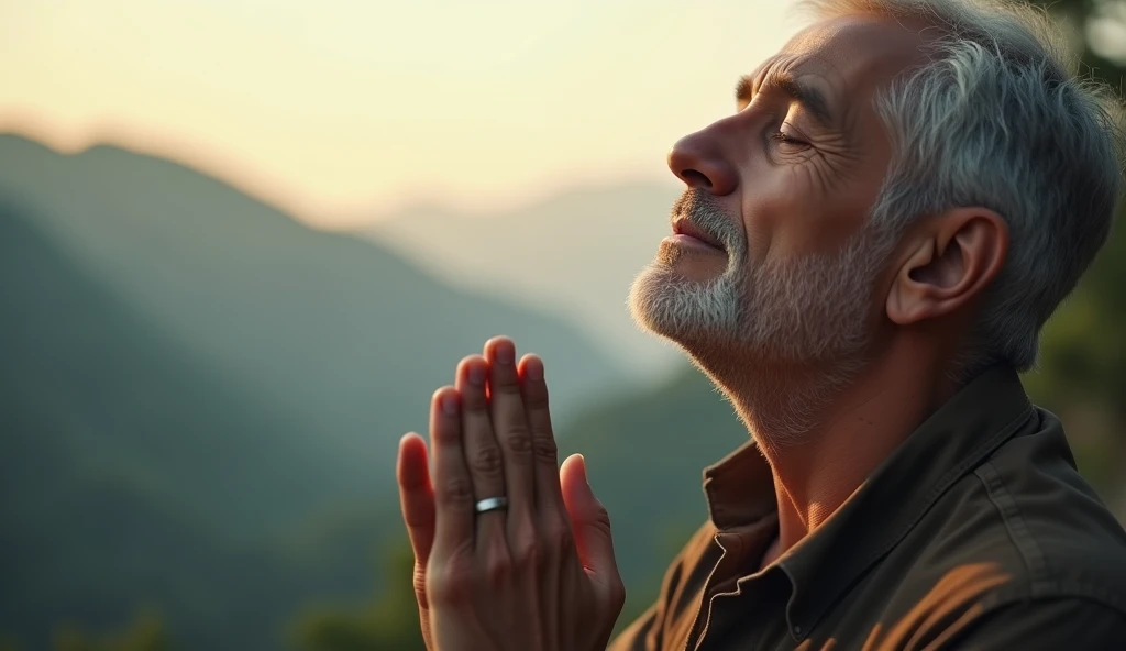 "A close-up of a middle-aged man praying with his hands raised and eyes ...