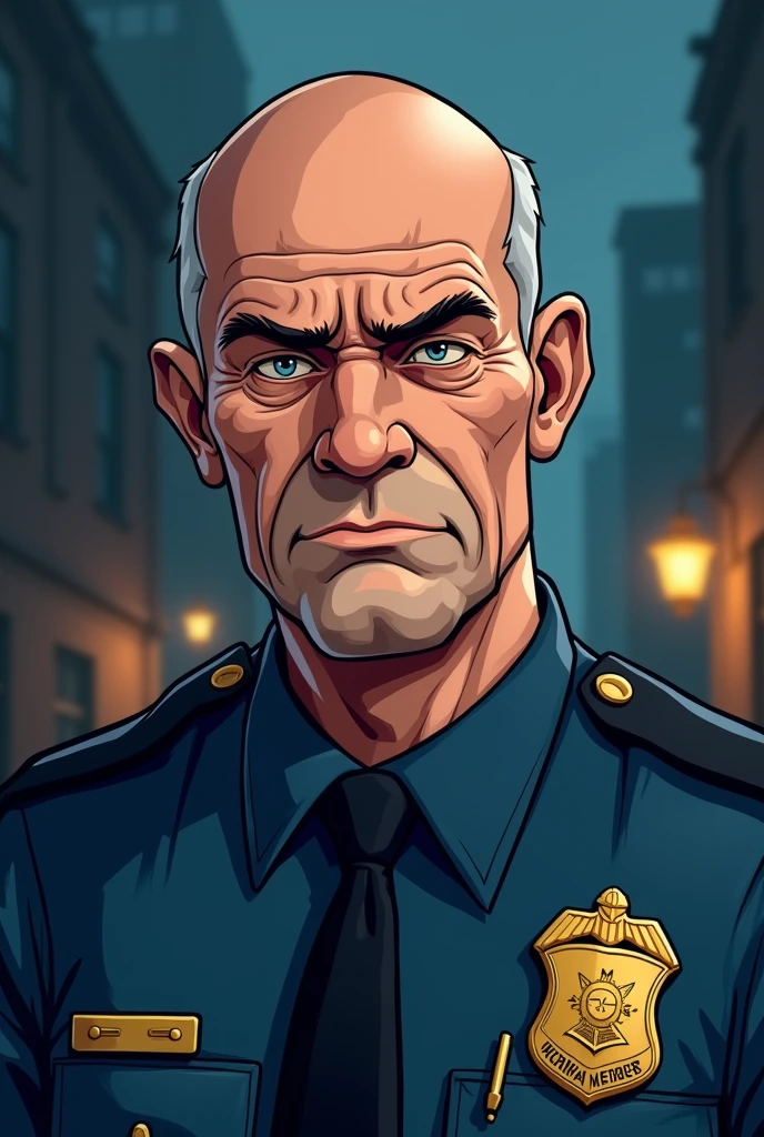 Create a cartoon picture with a gloomy bald 50 year old cop - SeaArt AI