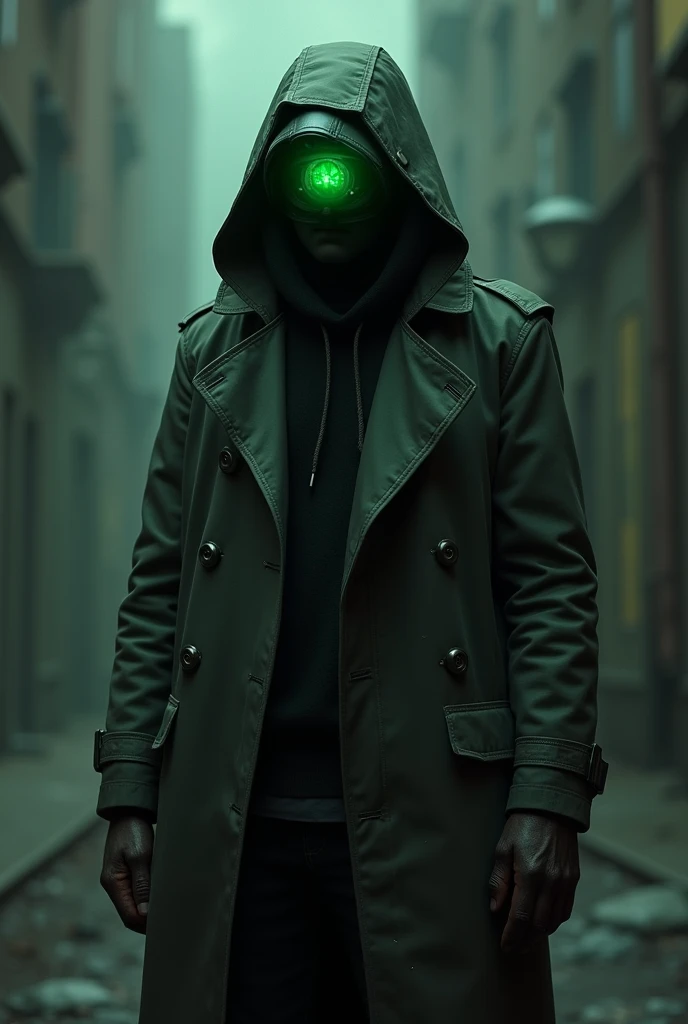 Create a character that wears clothes that have a green visor that ...