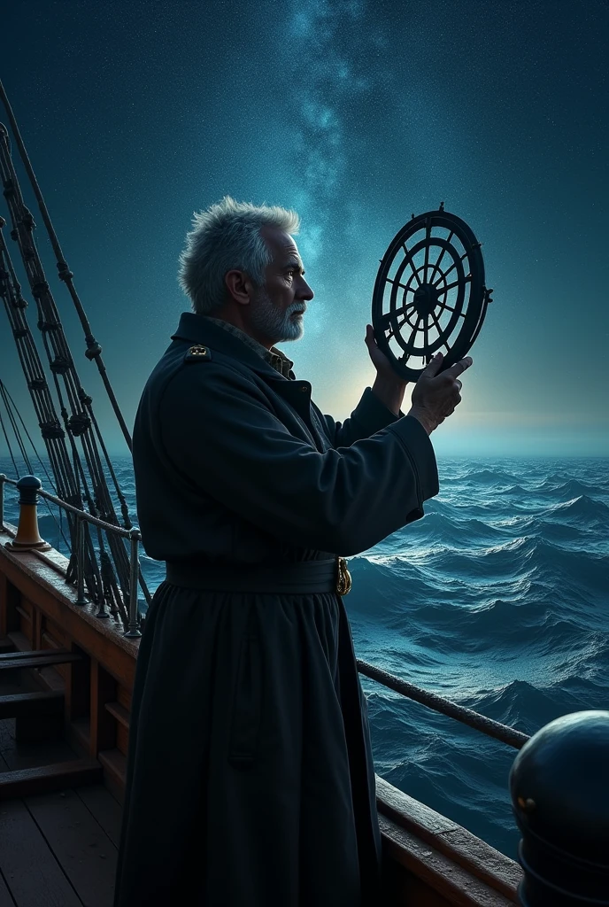 Captain man of a boat at the time of great navigations using a Quadrant ...