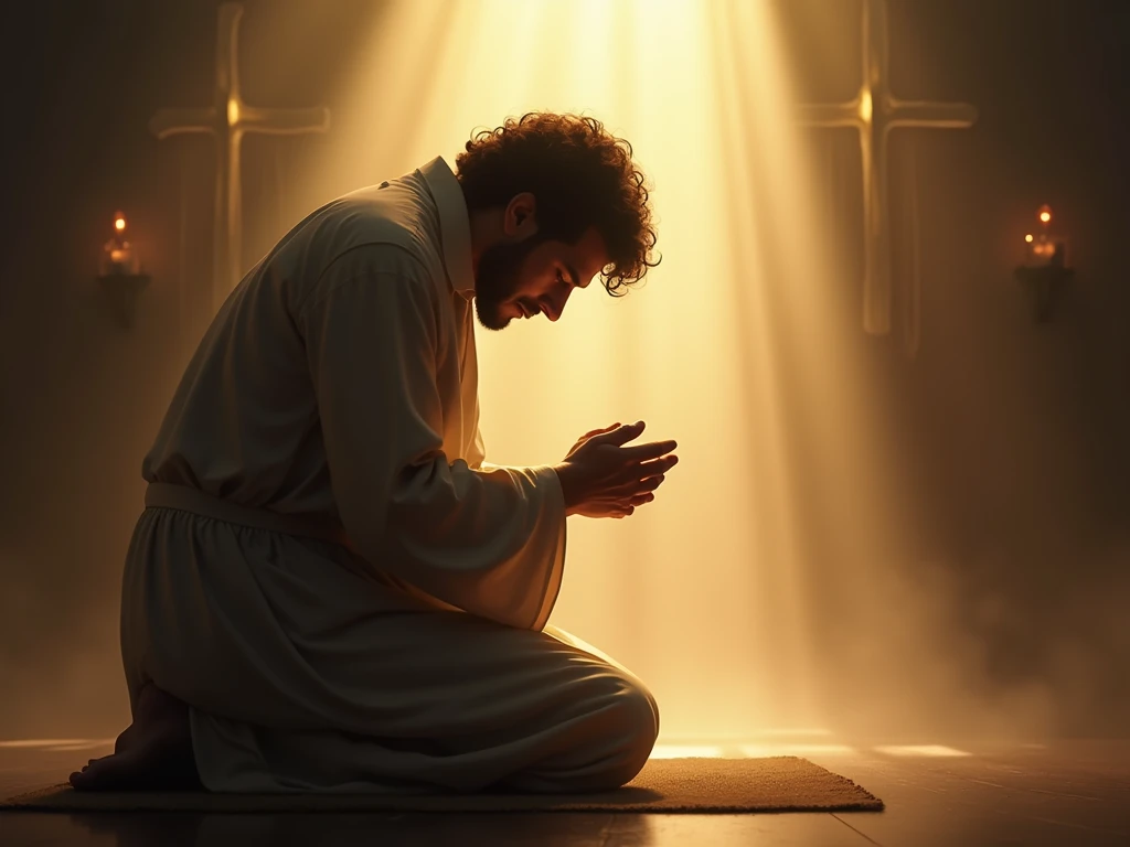 A profound and introspective scene of a person kneeling in prayer ...