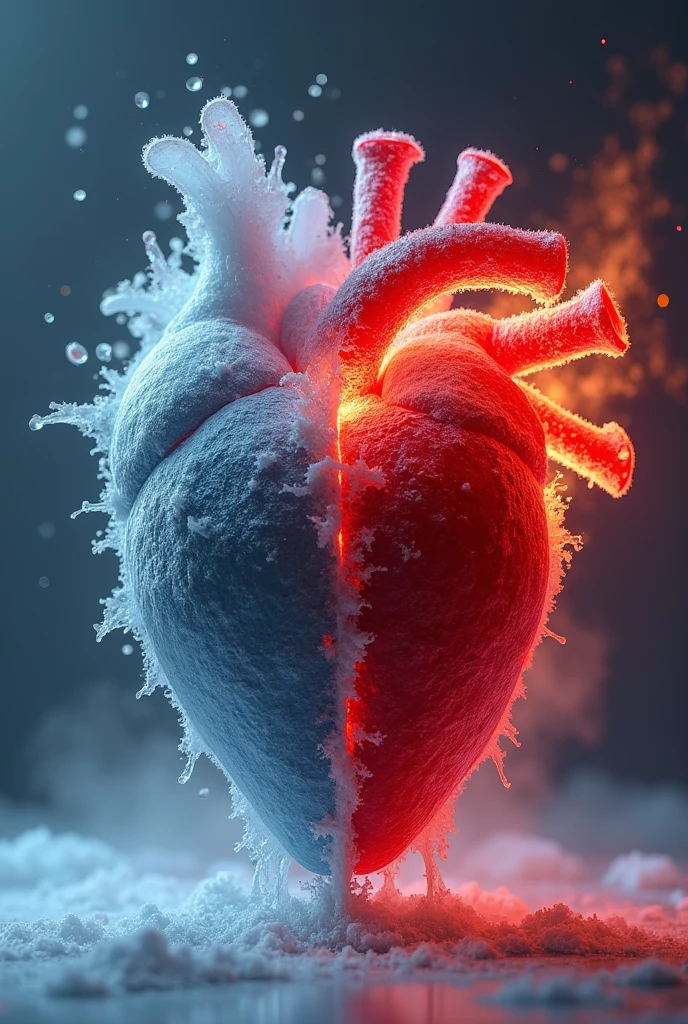 A heart with one half frozen and the other half shining red - SeaArt AI