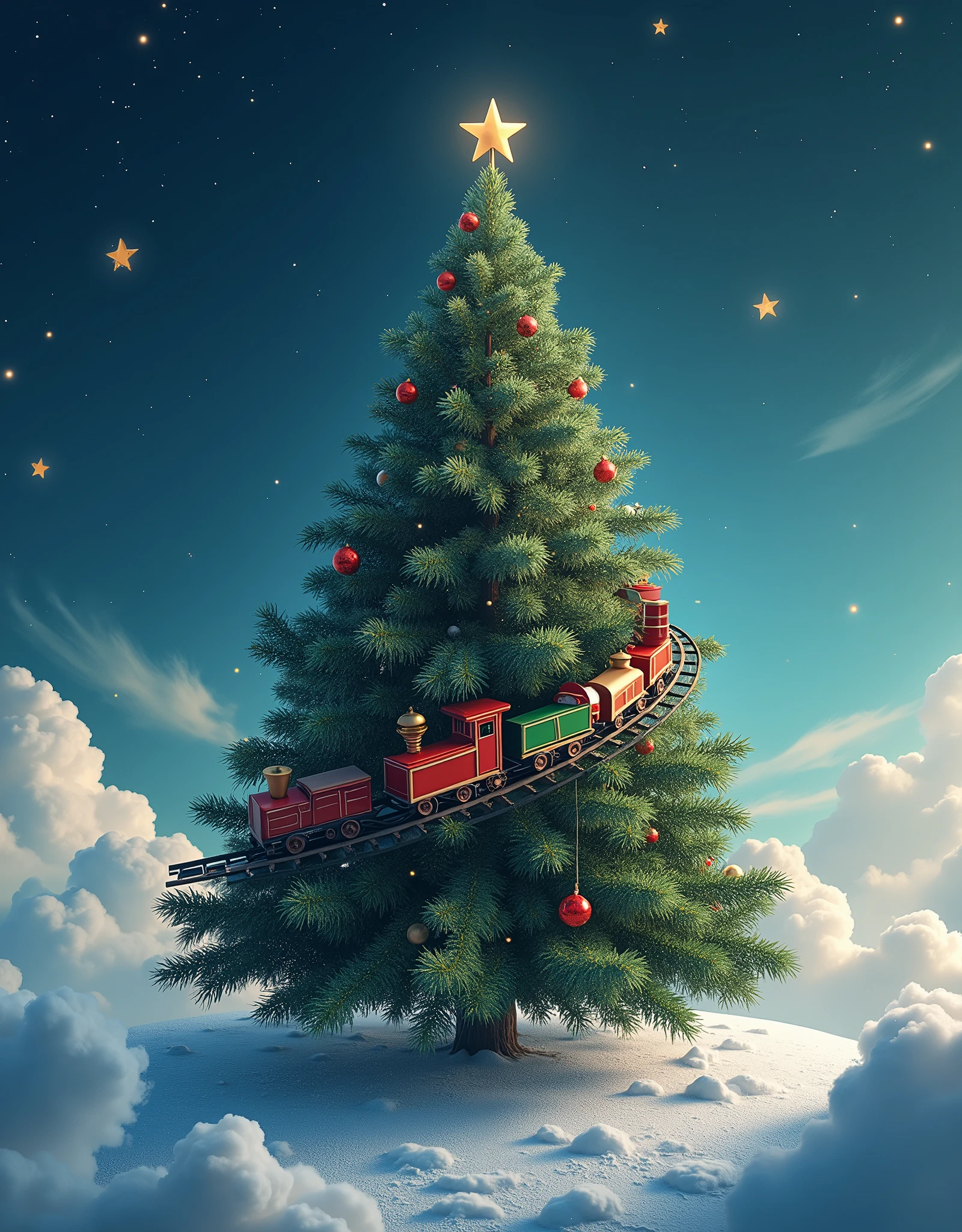 There is a train that is going around a christmas tree - SeaArt AI
