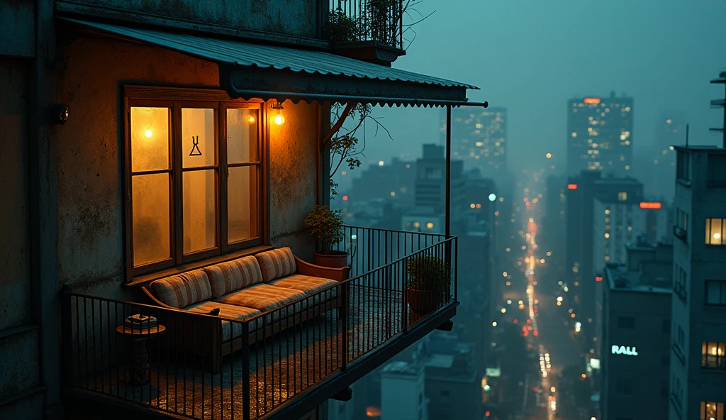 Exterior of a very old Cyberpunk pended and isolated balcony - SeaArt AI
