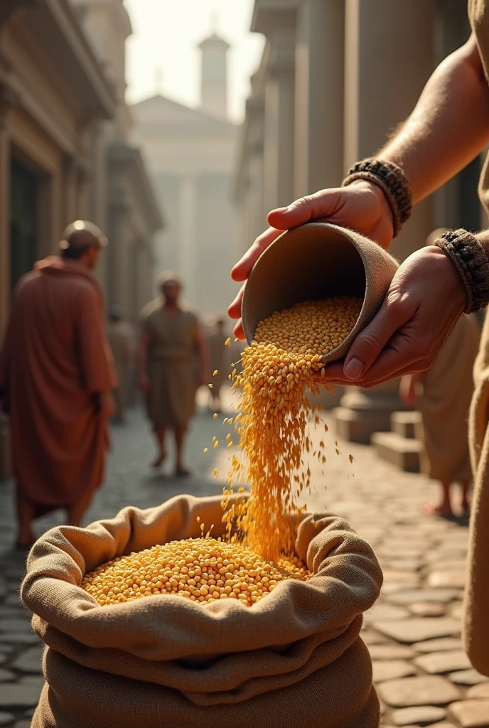 Barley grains pouring out of a bag in ancient Rome - SeaArt AI