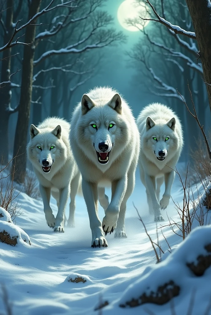 A pack of werewolves, platinum hair, ice-green eyes, in a snowy forest ...