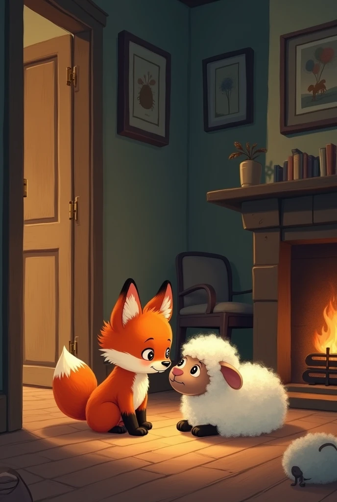 Fox cub sheep on floor in a room in a dark corner, illustration - SeaArt AI