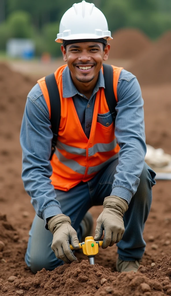 An Indonesian geotechnical expert, wearing safety gear and work attire ...