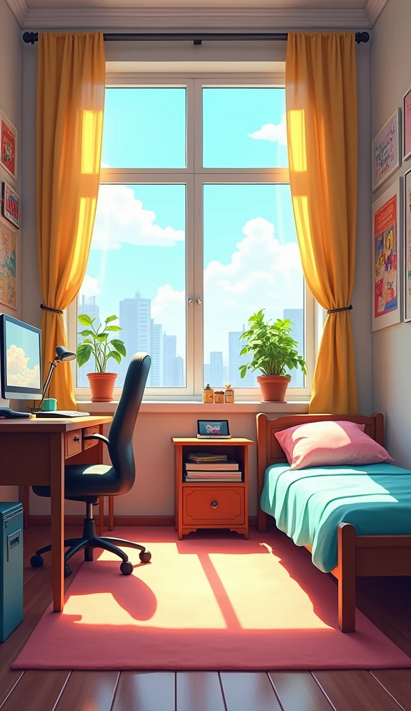 Webtoon type art style,2 point perspective, room , beð and desk in ...