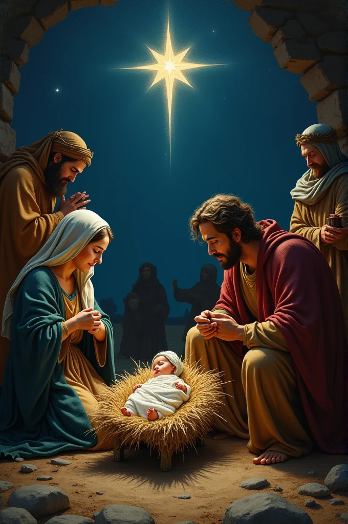 Jesus Christ's birth in Belen. With star on the sky, three kings ...