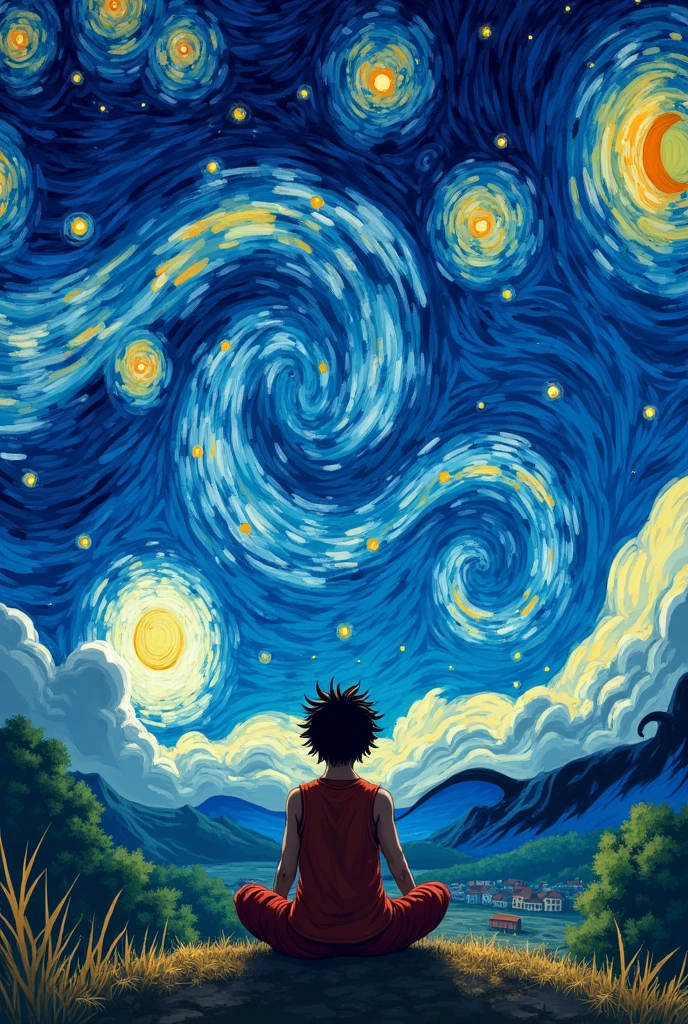 Luffy sitting watching the sky , and the sky is Van Gogh's starry night ...