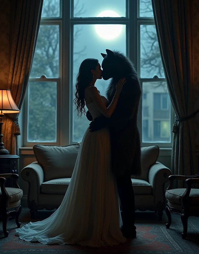 Realistic, theme is "Werewolf", "Werewolf" embracing a beautiful woman ...