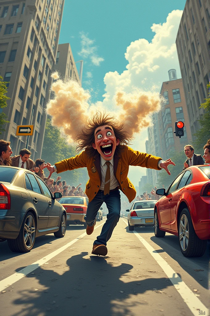 A madman farting and causing traffic on the street - SeaArt AI