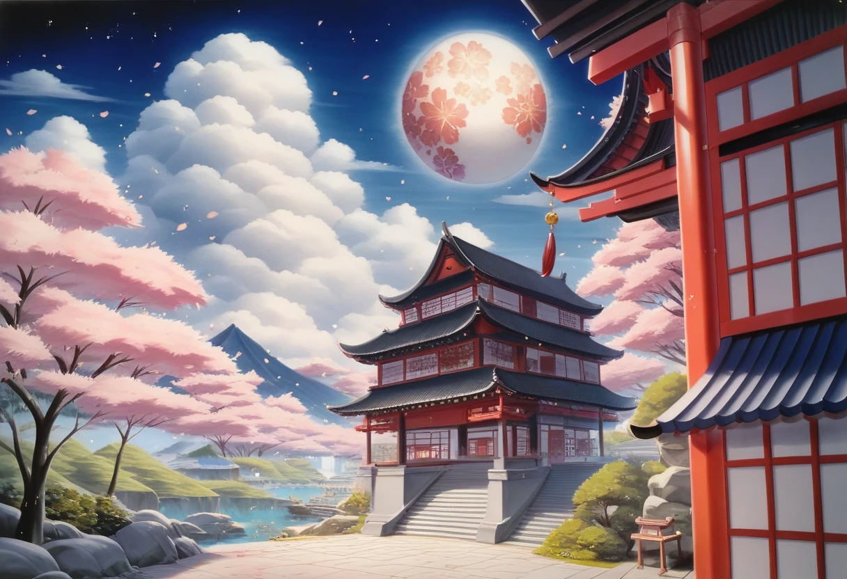 Fine art painting inspired by , Kawase Hasui depicting a full moon and ...