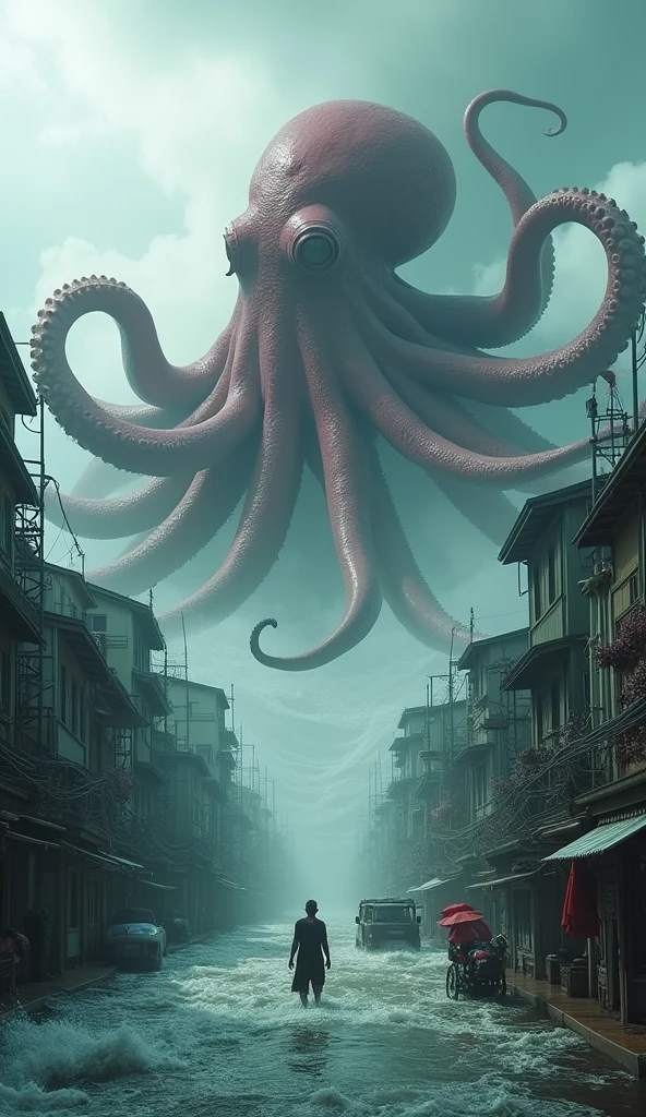 Realistic photo of a city submerged by tsunami waves and the figure of ...